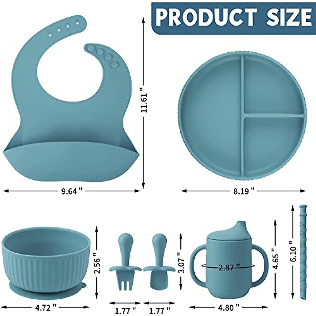 Silicone Baby Feeding Set, 2 adjustable bibs with food collectors, 1 suction cup divider, 1 suction cup, 1 sippy cup,1 stage 1 spoon and 1 fork, Baby Led Weaning Utensils,Toddler Self Feeding Set