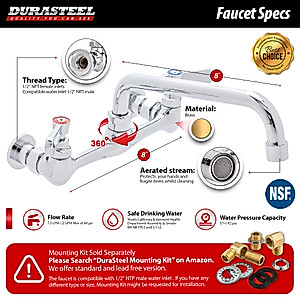 Kitchen Sink No Lead Faucet - DuraSteel 8" Center Wall Mounted Commercial Kitchen Sink Faucet with 8" Swivel Spout - NSF Certified - Dual Lever Handles - Brass Constructed & Chrome Polished