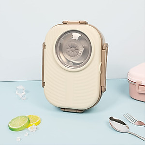 Puraville Stainless Steel Bento Lunch Box for Kids and Adults, Stackable BPA-Free Food Containers with 3 Compartments and Reusable Sauce Bowl, Fork and Spoon, (1000ml/34oz, Cream)