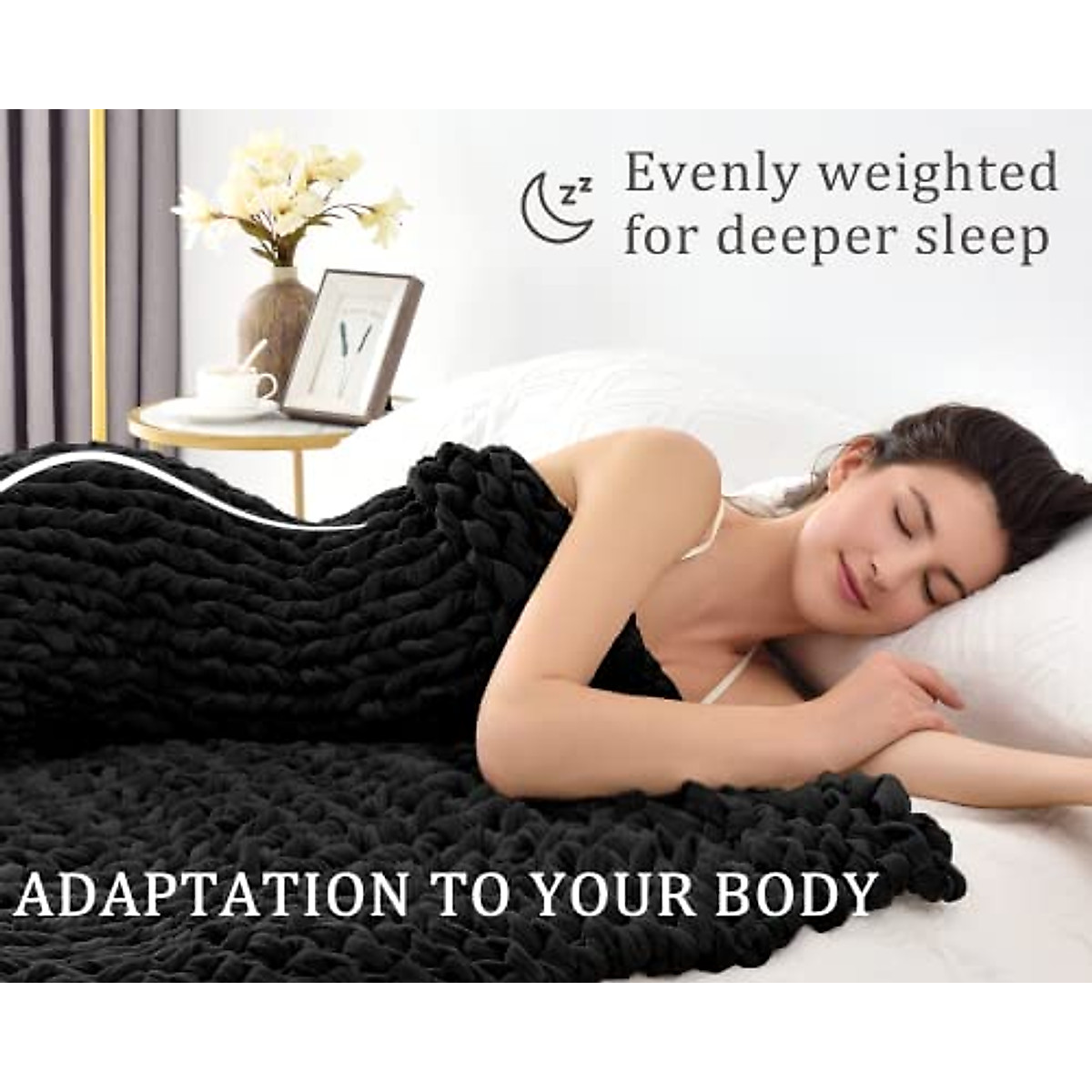 Handmade Chunky Knitted Weighted Blanket Velvet Knit Throw for Sleep,No Filler,Evenly Weighted,Soft Cozy(Black,51"x63"-13.5lbs)