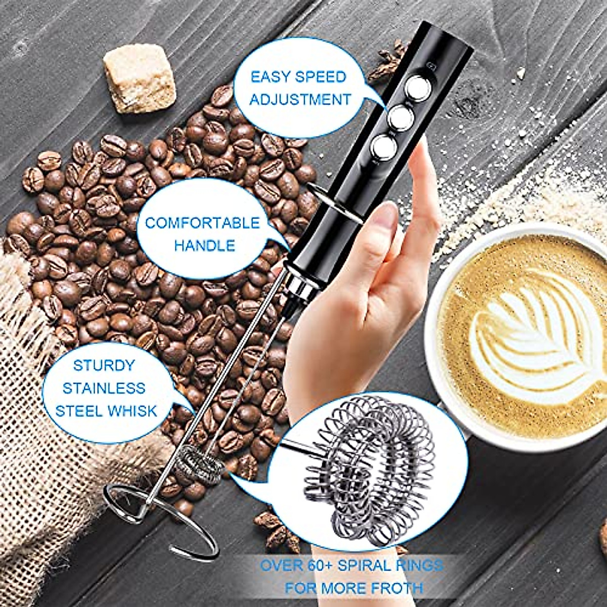 Milk Frother Handheld, Rechargable Coffee Foam Maker with Stand & 2 Whisks, Wanderland 3 Speeds Electric Coffee Mixer for Coffee, Lattes, Cappuccino, Matcha, Hot Chocolate (Black）