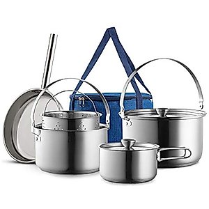 Camping Cookware Set 304 Stainless Steel 8-Piece Pots & Pans Open Fire Cooking Kit | Frying Pan Steamer with Travel Tote Bag | Compact For Outdoors & Indoors Kitchen Family Campfire Hiking RV