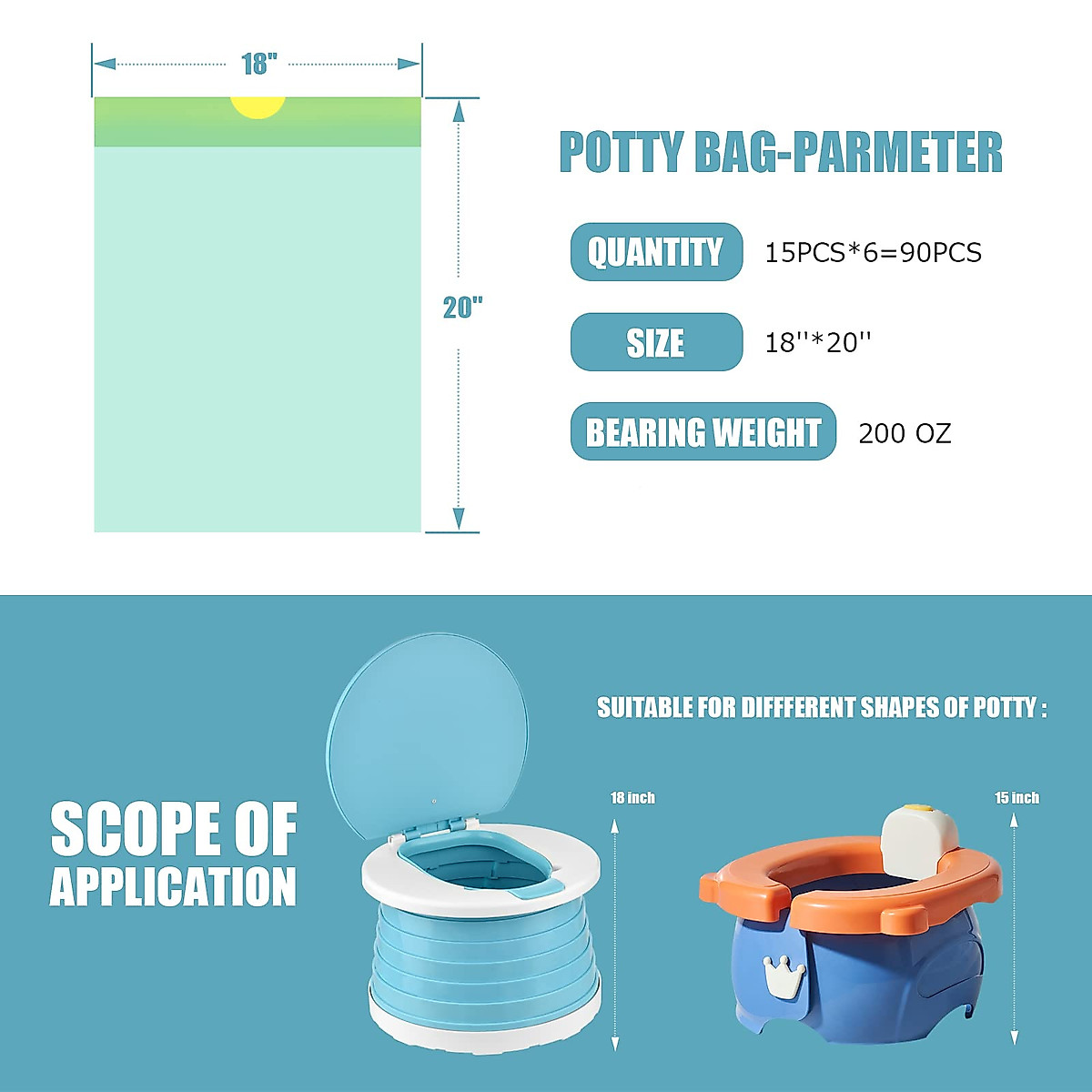 Portable Travel Potty Chair Liners Bags Universal with Drawstring For Toddler Potty Training Toilet Seat Disposable Cleaning Bag For Kids Toddler Adults Pet Outdoors-90 PCS(18 * 20INCH) (Green)