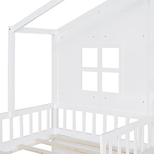 BOVZA Kids Twin Size House Bed with Sofa Bench and 2 Drawers, Wood Platform Bed Frame with Fence and Roof, Storage Shelves, for Girls Boys, White