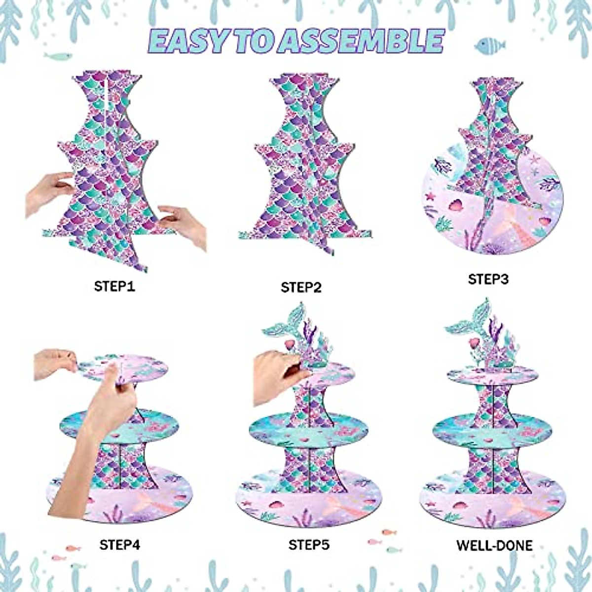 25 PCs Mermaid Cupcake Stand 3-Tier and Mermaid Cupcake Topper Set, Fiesec Mermaid Birthday Supplies Dessert Tower Holder Round Serving Stand Holder for Girls Under The Sea Starfish Seahorse Seashell