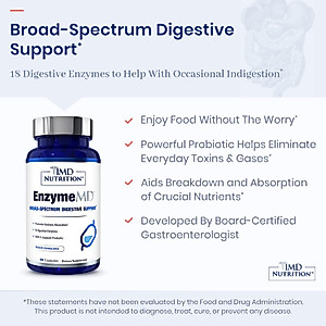 1MD Nutrition EnzymeMD - Digestive Enzymes Supplement - Doctor Formulated | 18 Plant-Based Enzymes - Gas & Bloating Support | 120 Capsules (2-Pack)