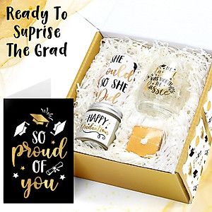 Levfla Graduation Gifts Set, Congratulations Present Box for Her Girl Women College Student with Pre-Packed Wine Glass Grad Cap Bath Bomb Makeup Bag Candle Card Black Gold