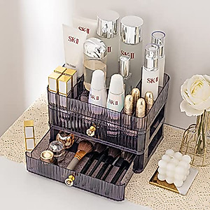 KchThass Acrylic Makeup Organizer with 2 Drawers,Cosmetic Display Cases for Vanity,Skincare Organizers Countertop,Desk Storage Holder for Perfume,Lotion,Lipstick,Brushes (3-Layer,Purple)