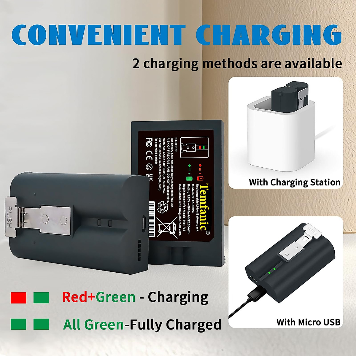 Temfanic Rechargeable Lithium-Ion Ring V4 Battery Compatible with Ring Video Doorbell 4/3/2 Stick Up Cam Battery (2nd and 3rd Gen) 3.65V 6040mAh high Capacity 1-Pack