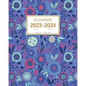 Planner July 2023-2024 June: 8x10 Weekly and Monthly Organizer Large | Creative Flower and Leaf Design Blue