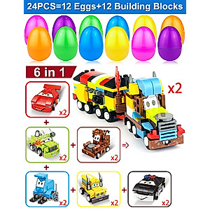 12 Pack 3" Large Filled Easter Eggs with Stem Toy Cars Kids Easter Basket Stuffers Plastic Surprise Egg Building Blocks 6 in 1 Transform Construction Vehicle Easter Toy Boys Girl Egg Hunt