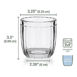 Everyday White by Fitz and Floyd Beaded Double Old Fashioned Beverage Rocks Glass, Set of 4, Clear