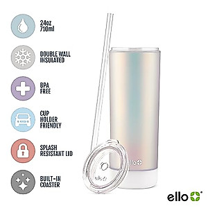 Ello Monterey 24oz Plastic Tumbler with Straw and Built-In Silicone Coaster, Premium Double Walled Insulation, Reusable Cup Perfect for Iced Coffee, BPA Free, Silver