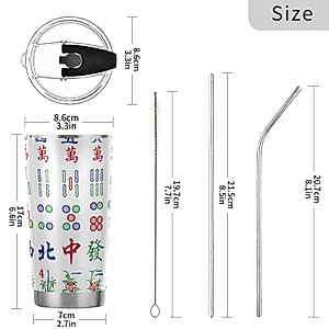 Mahjong Game Tumbler Stainless Steel Insulated Cup Travel Mug for Coffee Double Wall Vacuum Thermos with Straw and Lid 20oz