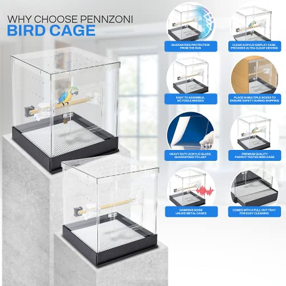 PENNZONI Small Bird Cage, Acrylic Birdcage, Crystal Clear Acrylic Cage for Birds, Bird House for Parrots, Bird Cages for Parakeets