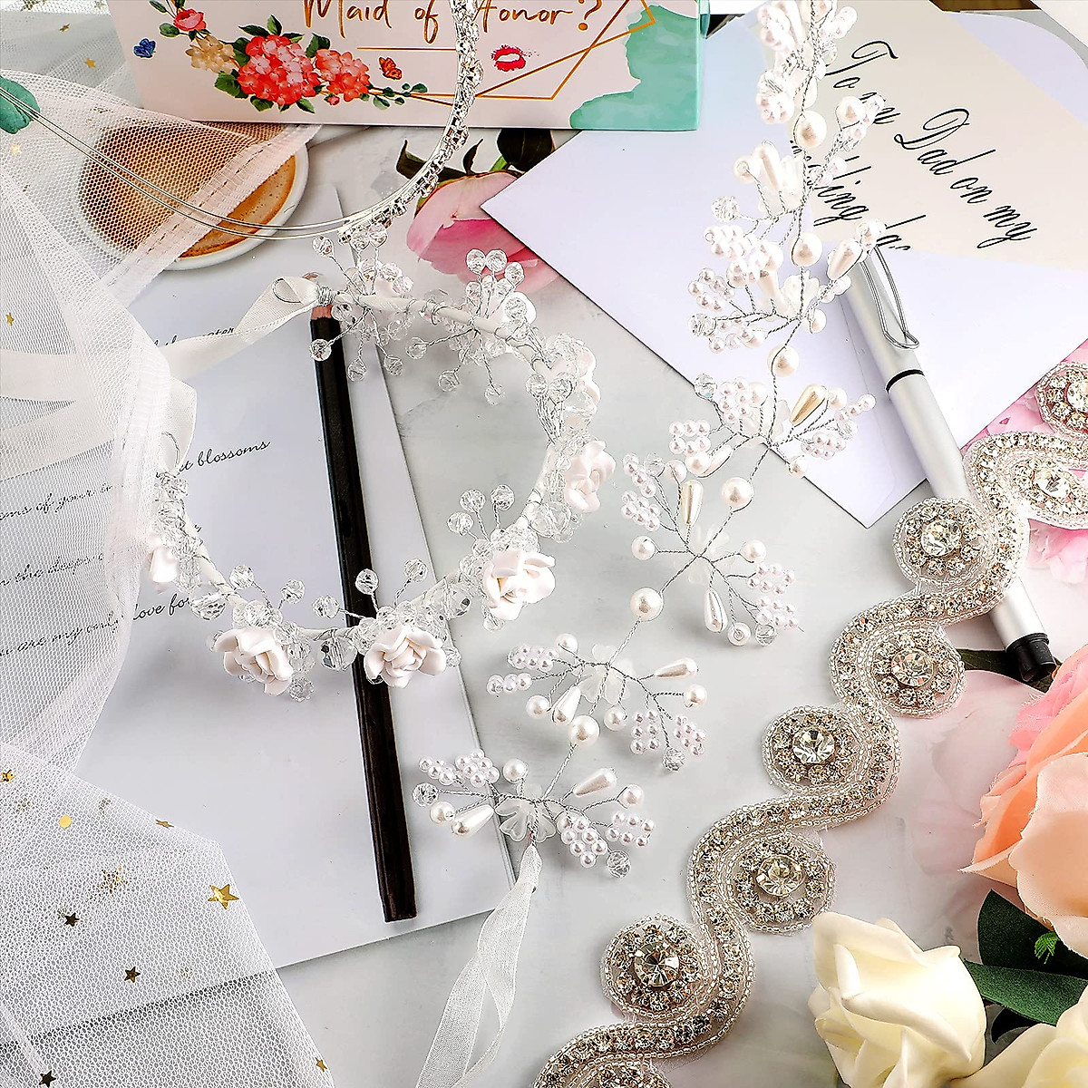 4 Pieces Flower Girl Headpiece Princess White Wedding Hairband Pearls Rhinestone Headdress for Women Girls Photography