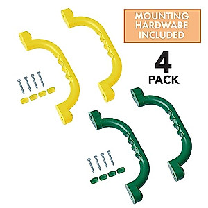 Playground Outdoor Swingset Safety Handle Accessories 4 Pack Color Combo Set – Set of 2 Green & 2 Yellow Grab Handle Safety Bars Equipment for Kids Jungle Gym, Tree House, Monkey Bars, and More
