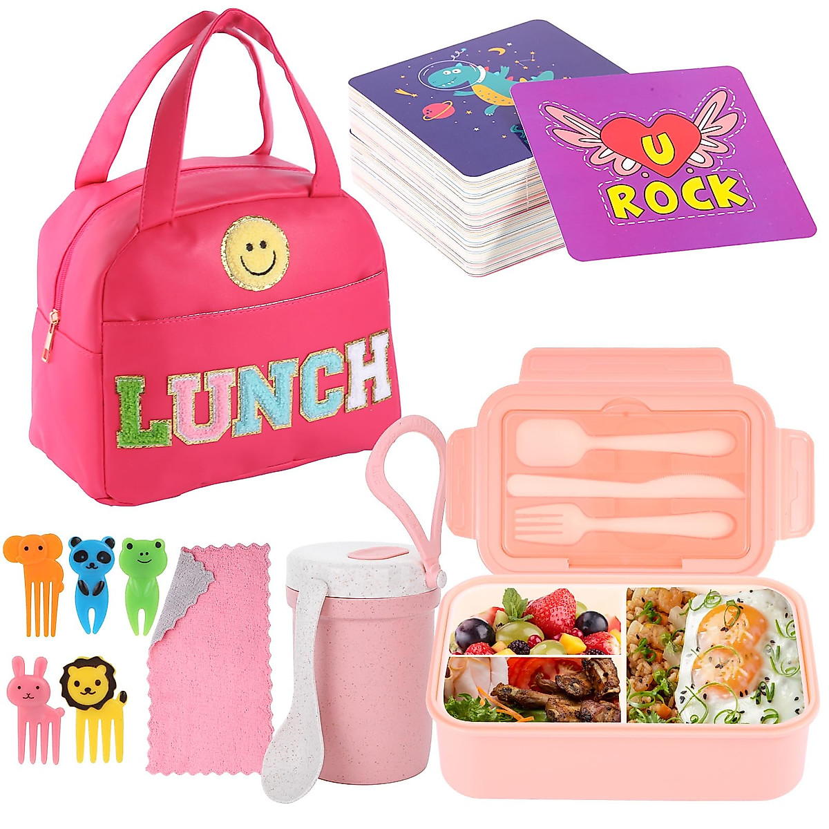 77 Pieces Bento Box Lunch Box Kit Large Pink Insulated Lunch Bag 3 Layer Stackable Leakproof Lunch Box Containers with Cup,Lunch Bag,Spoon,Fork,60 Pieces Lunch Box Notes for Girl Women (Rose Red)