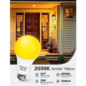 KINDEEP Yellow LED Bug Light Bulbs Outdoor 23W, A21 Amber Light Bulb 150W-200W Equivalent, 2000K Outdoor Light Bulbs for Porch, Patio, Deck, Backyard, E26 Base, Non-Dim, 2 Pack