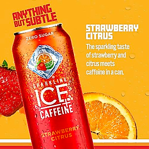 Sparkling Ice +Caffeine Strawberry Citrus Sparkling Water, with Antioxidants and Vitamins, Zero Sugar, 16 fl oz Cans (Pack Of 12)