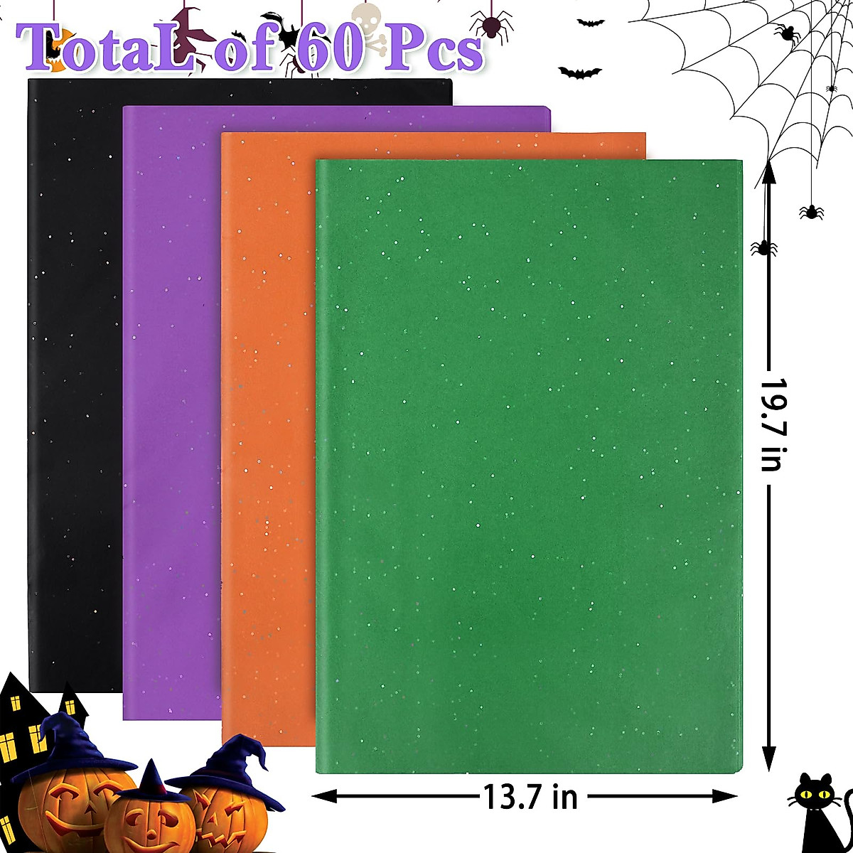 100 Sheets Halloween Sparkle Tissue Paper Bulk, Black Purple Orange Green Wrapping Paper with Glitter for Halloween DIY Crafts Halloween Party Decorations and Gift Wrapping, 14 x 20''