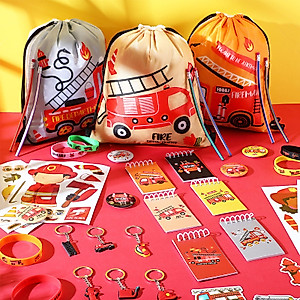 144 Pcs Firefighter Party Favors Fireman Themed Party Supplies Firemen Truck DIY Stickers Drawstring Bags Mini Notepads Silicone Wristbands Bracelets Keychain Button Pins Flexible Soft Pencil