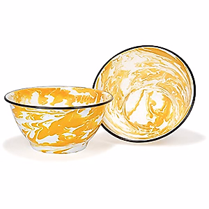 Red Co. Set of 2 Enamelware Metal Large Classic 4 quart Round Salad Serving Bowl, Yellow Swirls/Black Rim