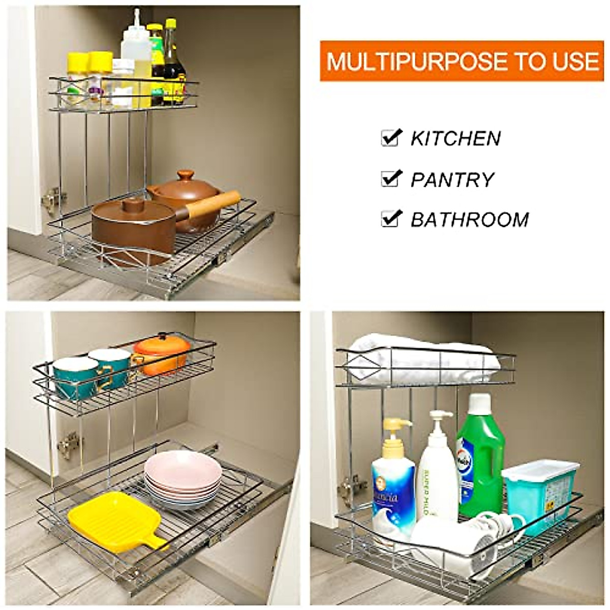 TQVAI Pull Out Cabinet Organizer, 2 Tier Under Sink Storage Shelf with Sliding Drawer, Wire Kitchen Slide Out Basket - 11.75W x 17D x 15.38H, Request at Least 12.5" Cabinet Opening