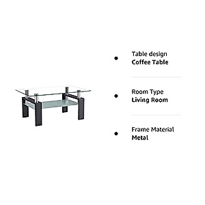 Rectangle Glass Coffee Table Metal Tube Legs End Table for Livingroom Tansole Black 39.4x23.7x17.7