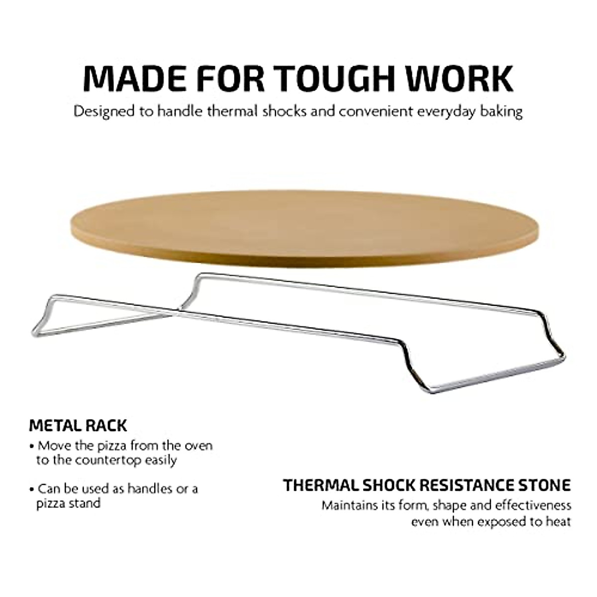 Ovente Ceramic Flat 13 Inch Pizza Stone Set with Crust Cutter Wheel & Metal Rack/Handle, Compact Easy Storage Portable Baking Grilling Stone Thermal Shock Resistance for Oven Grill BBQ, Beige BW10132