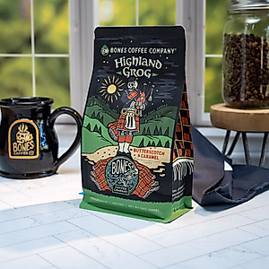 Bones Coffee Company Highland Grog Flavored Ground Coffee Beans Butterscotch Caramel Flavor | 12 oz Medium Roast Arabica Low Acid Coffee | Gourmet Coffee (Ground)