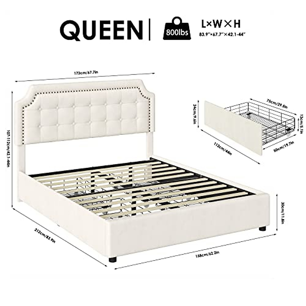 Keyluv Upholstered Queen Bed Frame with 4 Storage Drawers, Velvet Platform Bed with Curved Button Tufted Headboard with Nailhead Trim, Solid Wooden Slats Support, No Box Spring Needed, Beige