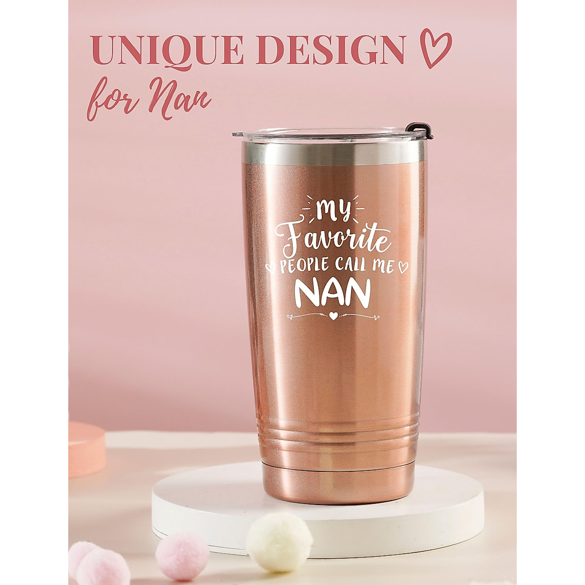 Onebttl Nan Gifts for Grandma, Insulated Stainless Steel Wine Tumbler with Lid, For Grandma on Birthday, Mother’s Day, Christmas, Rose Gold, (20 oz) My favorite people call me Nan