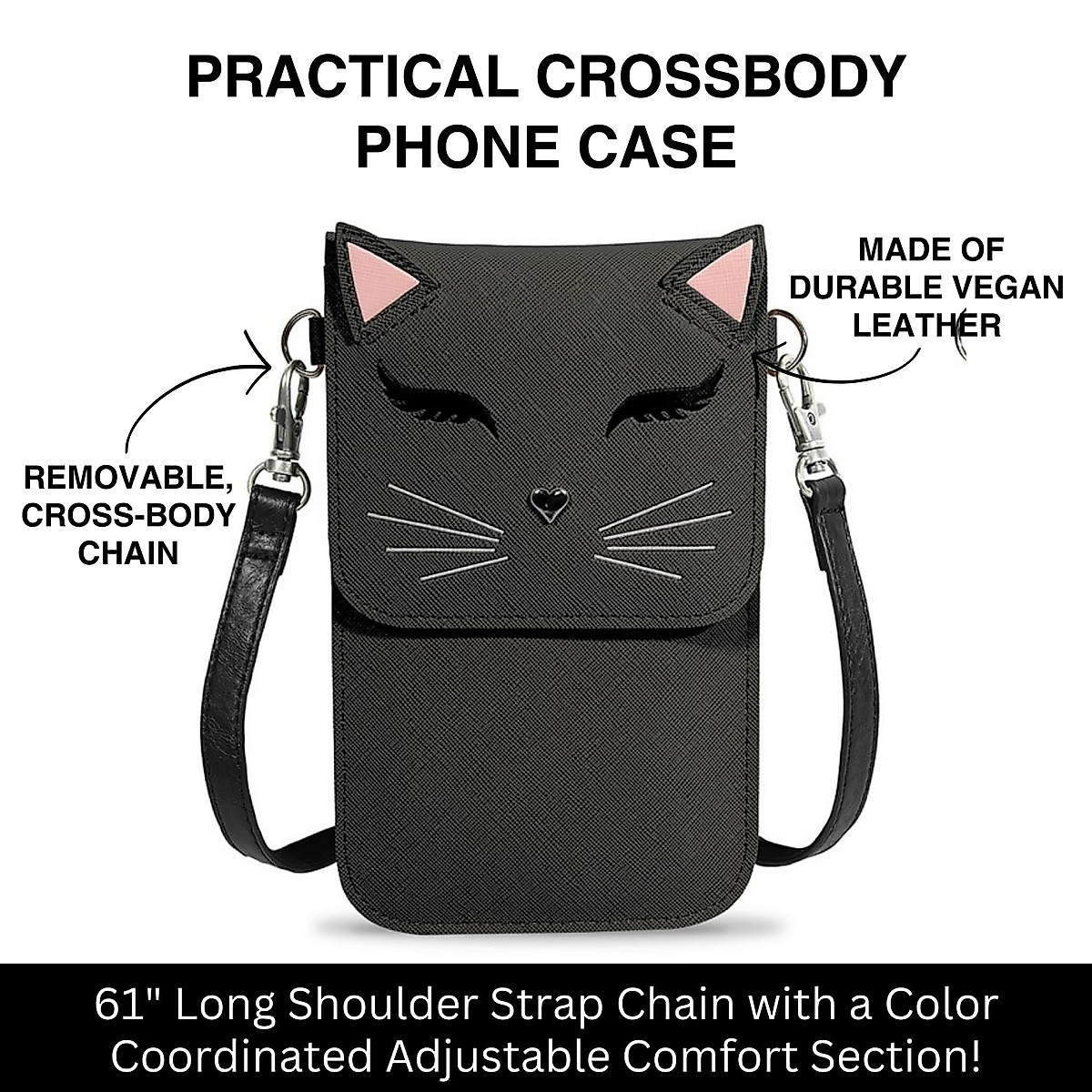 Save the Girls Cell Phone Purse Charming Cat Design (Black) - Touch Screen Women’s Crossbody Handbags (Just For Fun) - Phone Bag & Crossbody Phone Strap (Cat Purse)