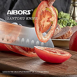 AIBORS Santoku Knife - 7 Inch Professional Kitchen Knife with German Stainless Steel 7Cr17Mov, Ergonomic Pakkawood Handle