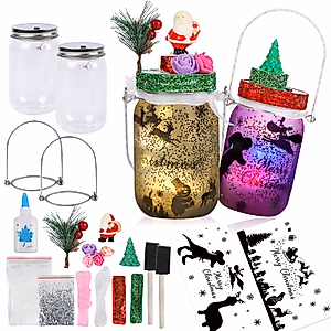 2 Pack Christmas Jar Lantern Craft Kit for Kids, Arts and Crafts DIY Musical Fairy Night Light Santa Elk Lamp Birthday Supplies Gift Xmas Christmas Stocking for Home Garden Decor