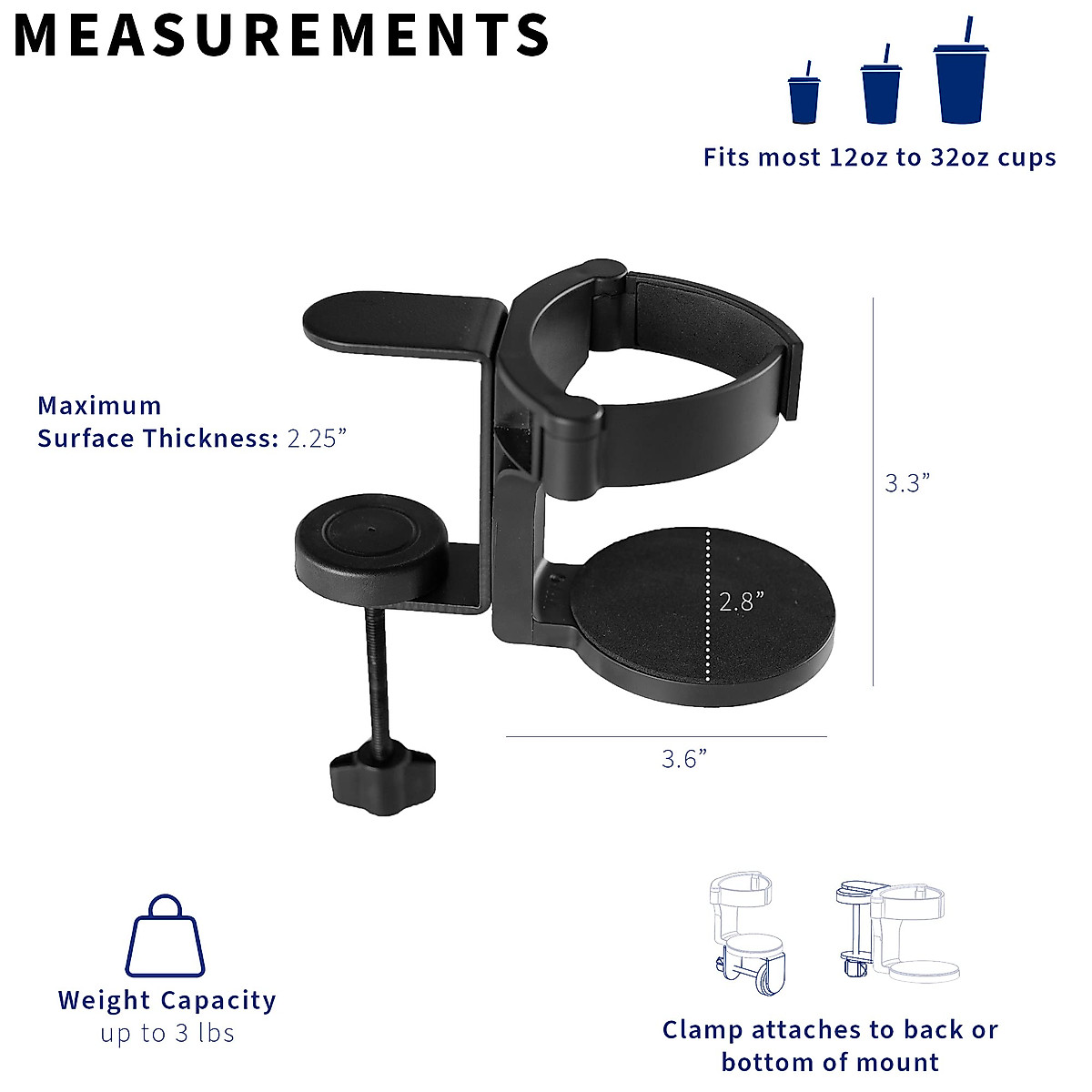 VIVO Clamp-on Desk and Bed Cup Holder, No Spill Adjustable Drink Mount, Support for Hydro Flasks, Coffee Mugs, Easy to Install, Horizontal or Vertical Surface Mounting, Black, Mount-CUP1