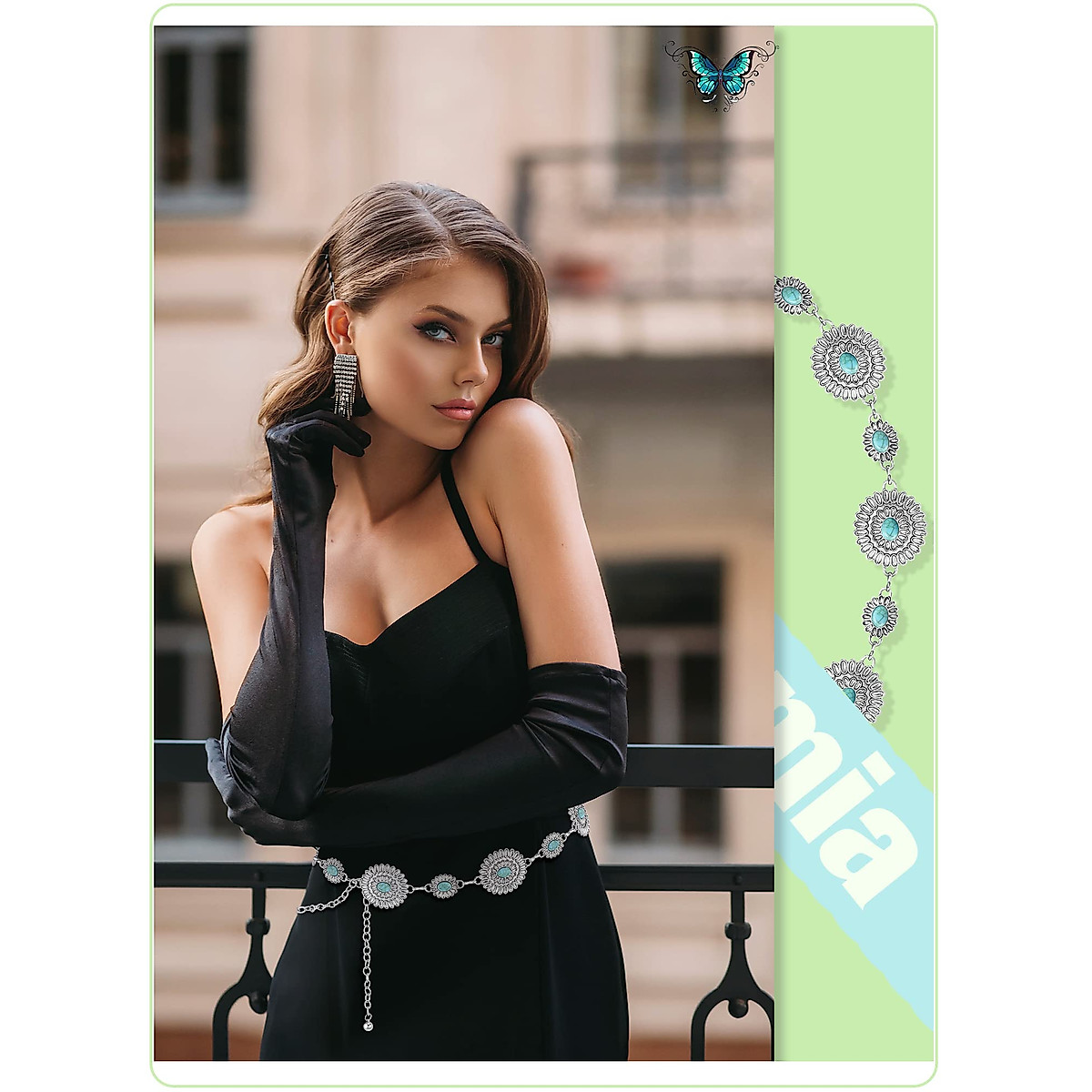 Epakh Turquoise Chain Belt Western Concho Belts for Women Silver Oval Belt Adjustable Metal Waist Belts for Dresses, One Size(Classic Style, 2 Pieces)