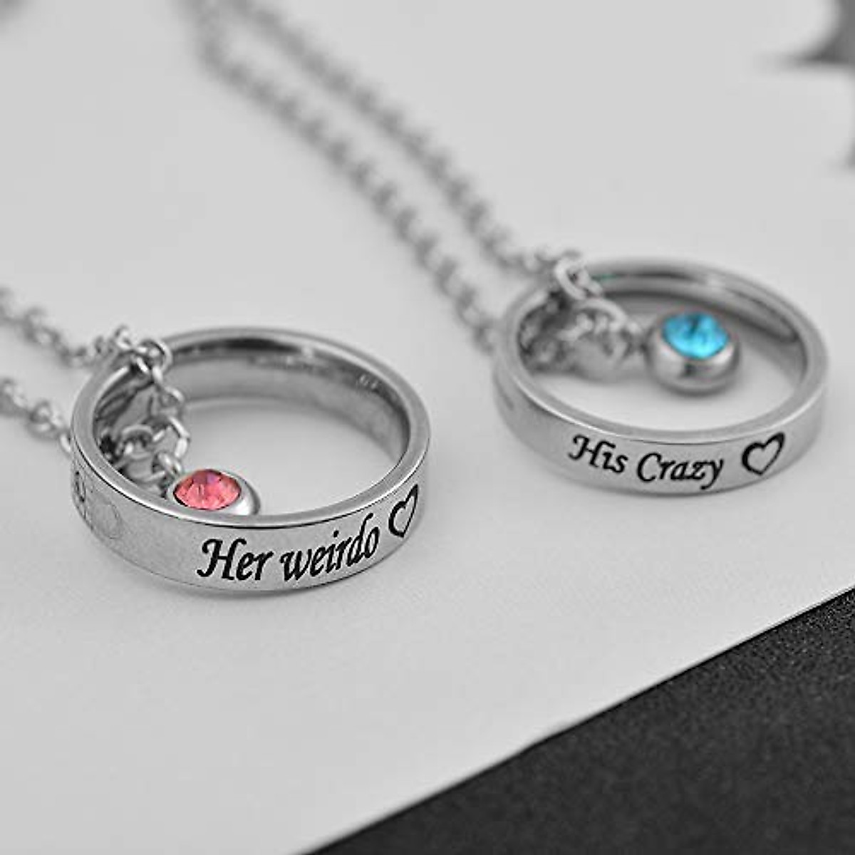 MJartoria Matching Necklaces for Couples, His and Hers Engraved Rhinestone Ring Pendant Necklace Gifts for Boyfriends Girlfriends (Silver, Her Weirdo His Crazy)