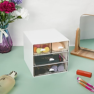 Desk Organizer with 4 Drawers, Clear Plastic Desk Storage Box, Desktop Organization for Office Supplies, Gel Pens, Pencils, Markers, Tape, Erasers, Paperclips, Chargers (White-4 Draws)