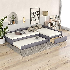 CITYLIGHT Upholstered L-Shaped 2 Twin Beds with Trundle and Storage Drawer, Wood Linen Corner Bed for Kids Girls Boys Teens Bedroom, Grey