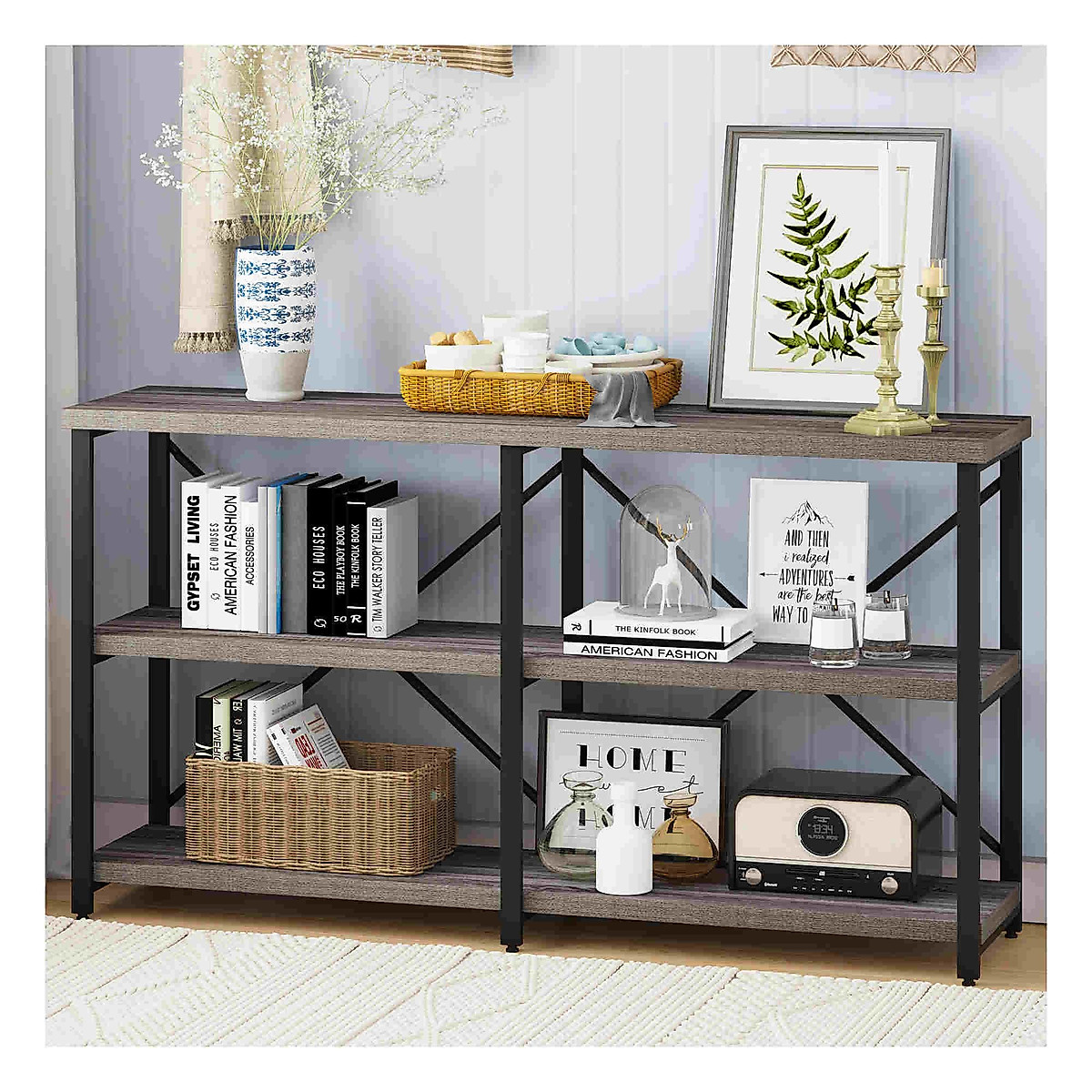 BON AUGURE Rustic Console Table Behind Sofa, Industrial Entryway Table with Storage Shelves, 3 Tier Long Bookshelf for Entry (55 Inch, Dark Grey Oak)