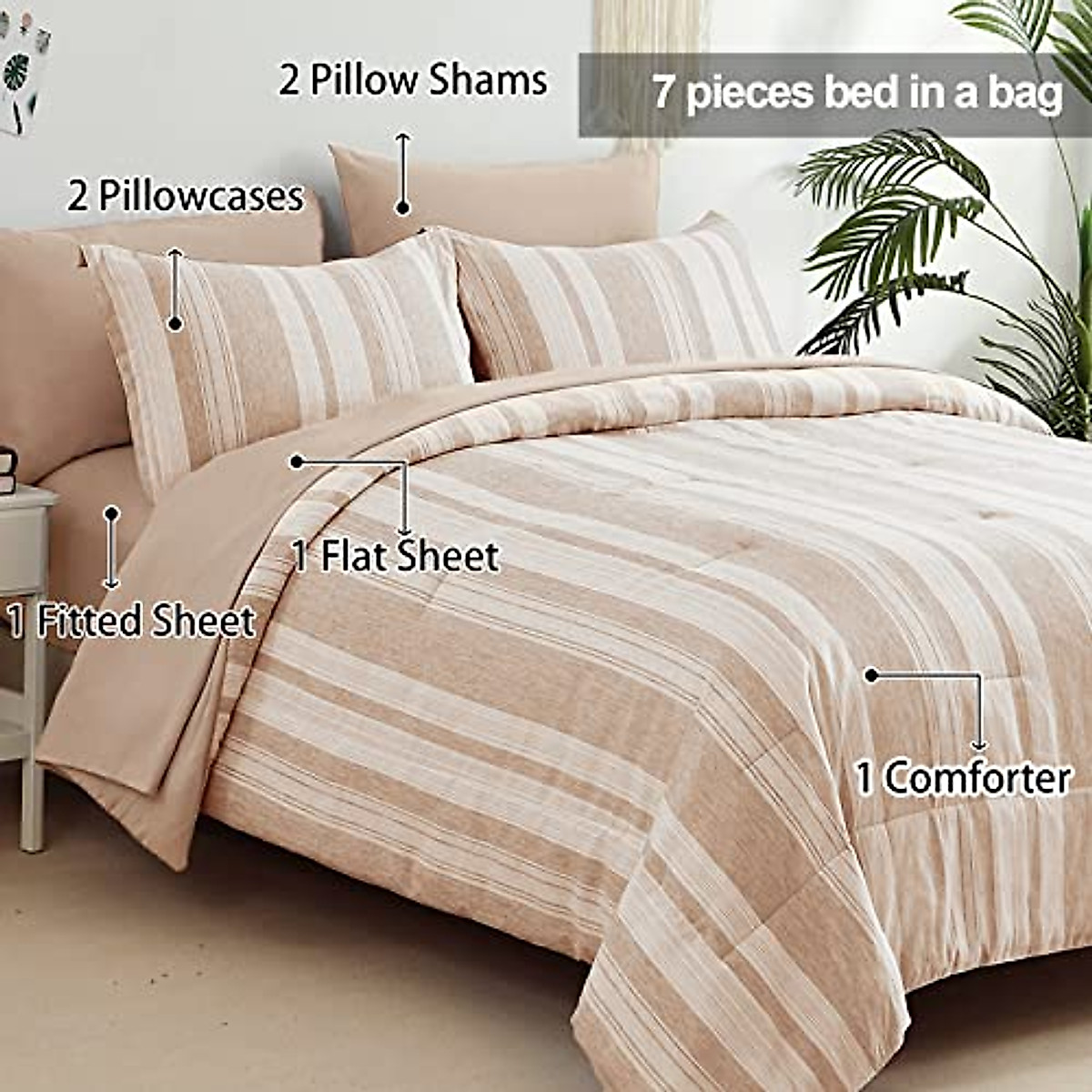 Mybedsoul Khaki Comforter Set Queen Size, Cationic Dyeing Stripes Comforter All Season Bedding Set, Soft Microfiber 7 Pieces Bed in a Bag (2 Pillow Shams, Flat Sheet, Fitted Sheet and 2 Pillowcases)