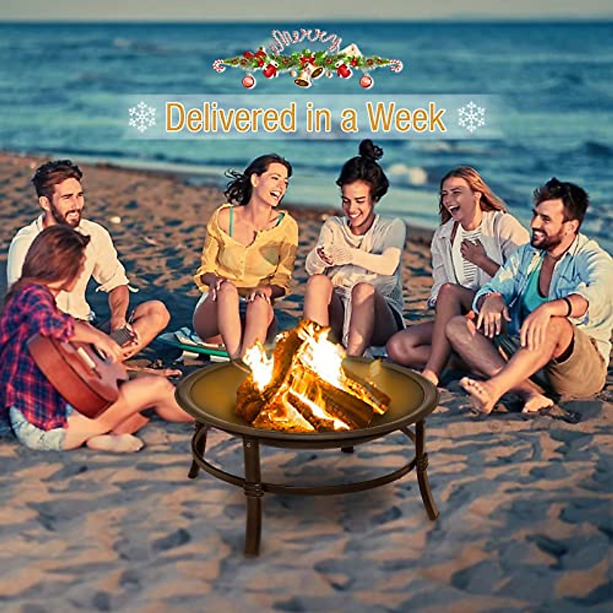 26'' Fire Pit Wood Burning fire Pit Outdoor Fire Pits Steel BBQ Grill Firepit Bowl with Mesh Spark Screen Cover Log Grate Wood Fire Poker for Camping Picnic Garden Backyard Bonfire Patio Beaches