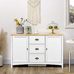 HOMCOM Sideboard Buffet Cabinet, Retro Kitchen Cabinet, Coffee Bar Cabinet with Rubber Wood Top, Drawers, Adjustable Shelves for Living Room, Entryway, White