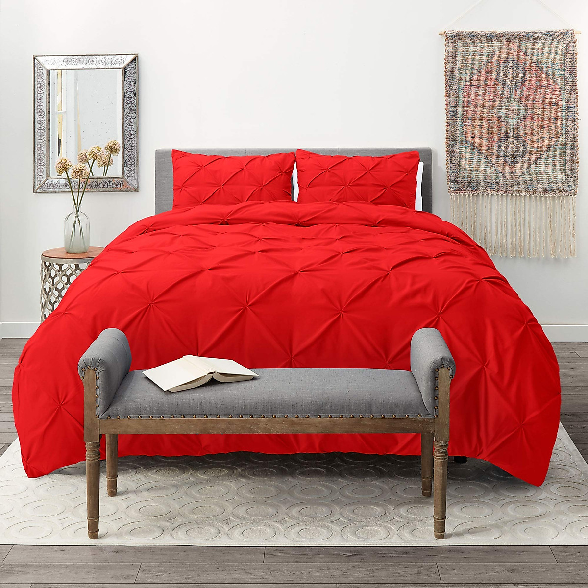 Good Night Bedding Duvet Cover Set - Pinch Pleated 3 Piece Duvet Cover Set 100% Cotton 800 Thread Count with Zipper & Corner Ties Tuffed Pattern Pintuck Decorative (King/Cal King, Red) Duvet Set
