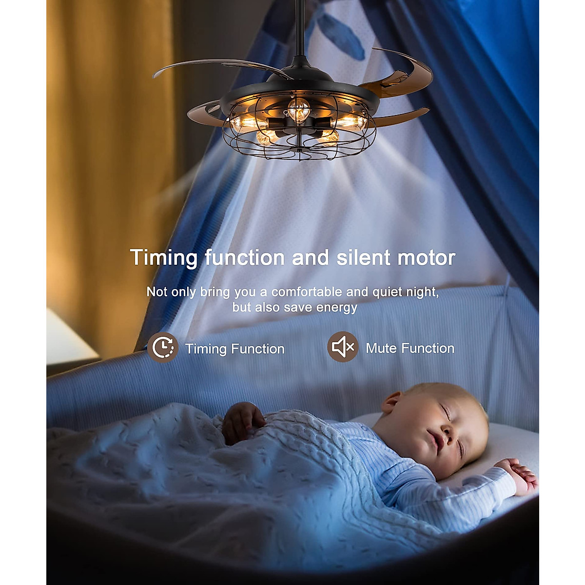 APBEAMLighting 48 Inches Retractable Ceiling Fan Industrial Caged Ceiling Fan Reversible Blades Black Farmhouse Ceiling Fan with Lights and Remote Control for Living Dining Room