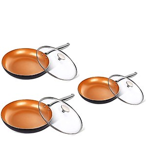 MICHELANGELO 8 Inch + 10 Inch +12 Inch Frying Pan Set, Copper Frying Pan Set with Lid, 8"+10"+12''