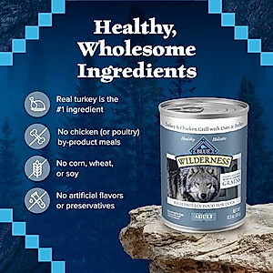 Blue Buffalo Wilderness Natural High Protein Wet Food for Adult Dogs, Turkey & Chicken Grill with Wholesome Grains, 12.5-oz Cans, 12 Count