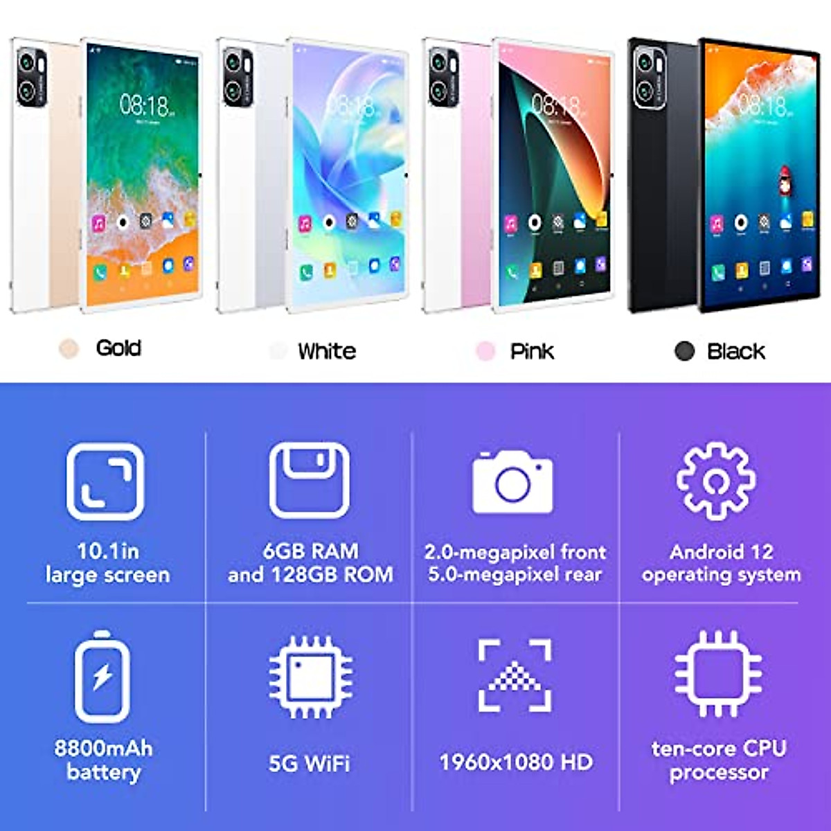 Call Tablet, 6GB 128GB 10.1 Inch Tablet 5G WiFi 100240V Black Paintable 10Core CPU Processor for Android12 (US Plug 110V Light Source)